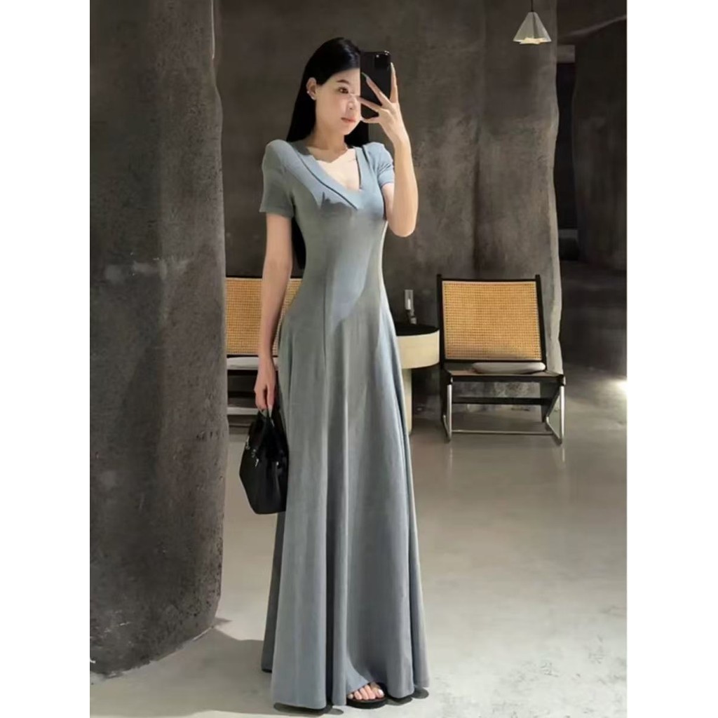 D0530 แขนสั้นสีเทา V คอชุดฤดูใบไม้ผลิฤดูร้อน High-End อารมณ์แคบ-เอว ...