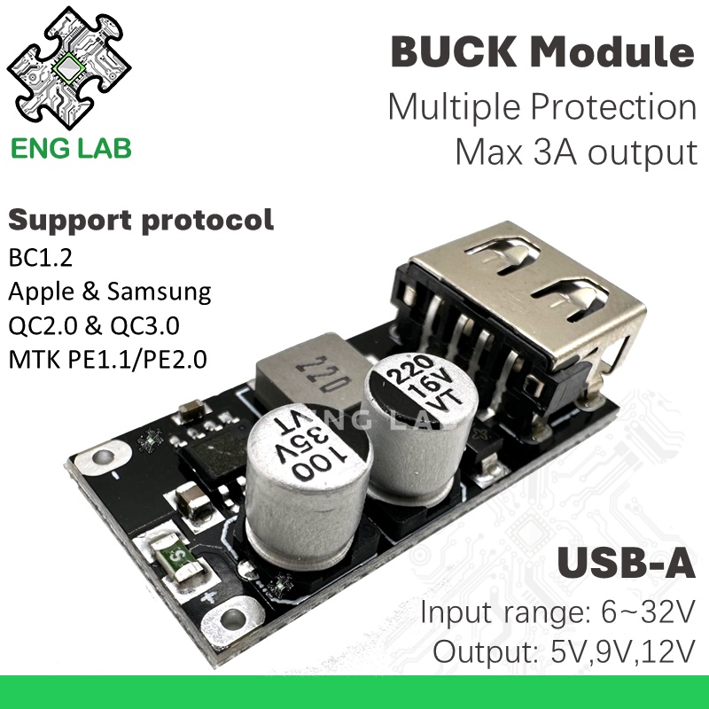ENGLAB★โมดูลแปลงพาวเวอร์ซัพพลาย USB-A รองรับ BC1.2 QC2.0 QC3.0 6V-32V ...