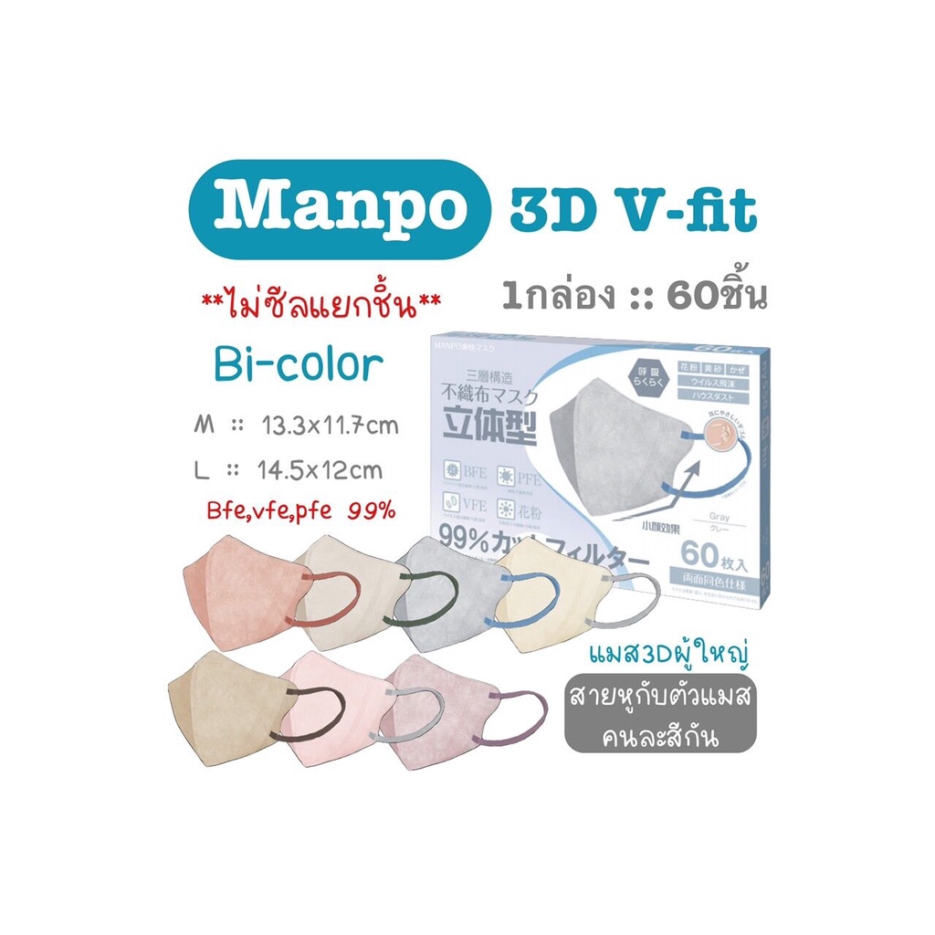 Manpo v-fit รุ่น bi-color 3 ชั้น แมสผู้ใหญ่ทรง 3D 1กล่อง60ชิ้น | Shopee ...