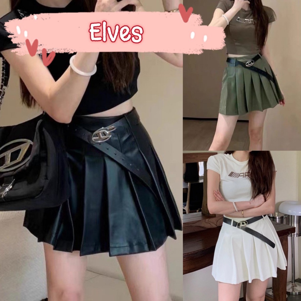 Elves พร้อมส่ง กระโปรงหนัง เอวสูง สไตล์Y2K แถมเข็มขัด ~2512~ -NZ-XM ...