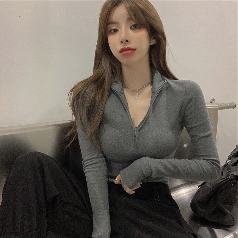 【WANG JIAO ZHAN】 เสื้อแขนยาว ผ้าฝ้ายแท้ ทรงสลิมฟิต สุดเซ็กซี่ เข้าได้ ...