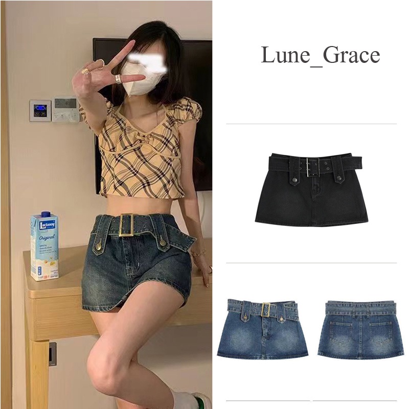 Lune_Graceกระโปรงกางเกงยีนส์ แต่งเข็มขัด ทรงสวย เก๋ๆ แฟชั่นสไตล์เกาหลี รุ่นJ7010 | Shopee Thailand