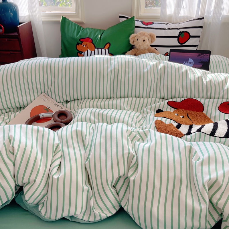 INS สาว dopamine Contrast ลายชุดสี่ชิ้นล้างผ้าฝ้ายปักผ้านวมคลุมเตียง ...