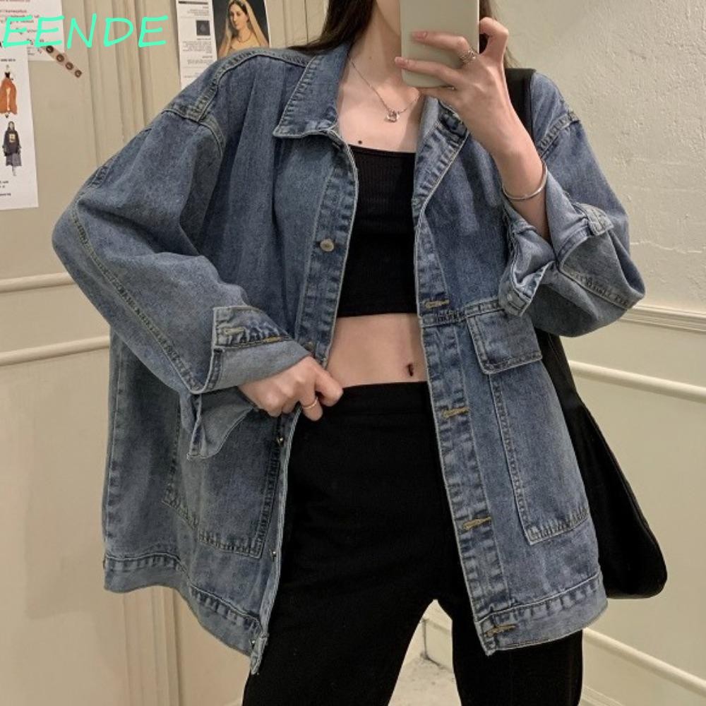 Eende แจ็คเก็ตยีนส์,แขนยาวหลวมผู้หญิง Denim Coat, Retro คาร์ดิแกน ...