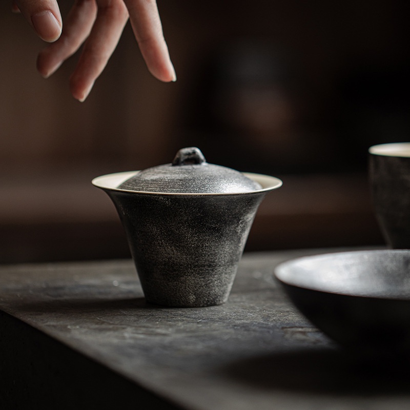 Shaji Style Black Powder Guide Cover Bowl Handmade Gilt Silver Tea Bowl ...