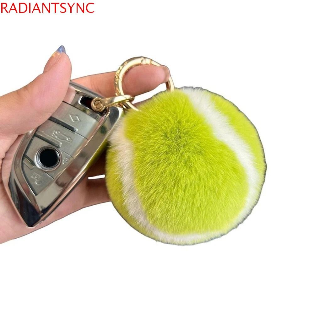 Radiantsync เทนนิสพวงกุญแจ,แหวนโลหะ Plush Ball เทนนิสพวงกุญแจ,น่ารักจริงกระต่ายขนสัตว์รอบ Fuzzy ...