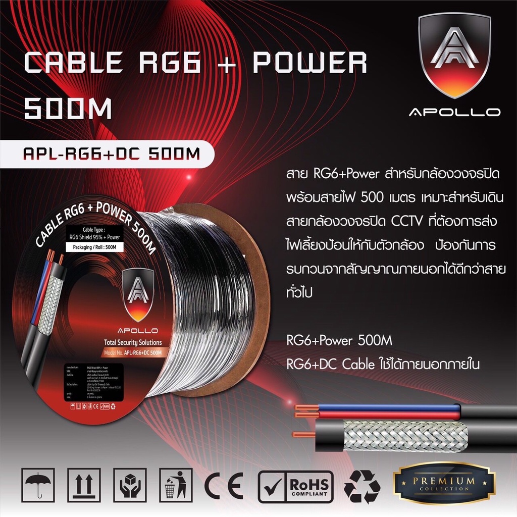 Apollo Coaxial Cable RG6+Power 500M สายสัญญาณกล้องวงจรปิด+ไฟAC/DC ...