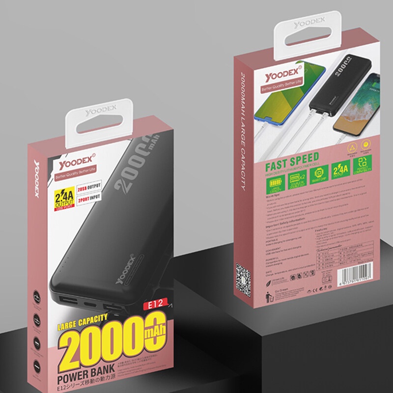 พาวเวอร์แบงค์ PD รุ่นE12 YOODEX แบตสำรอง 20000mAh มีรูเสียบ USB 2ช่อง รองรับชาร์จเร็ว Power Bank ...
