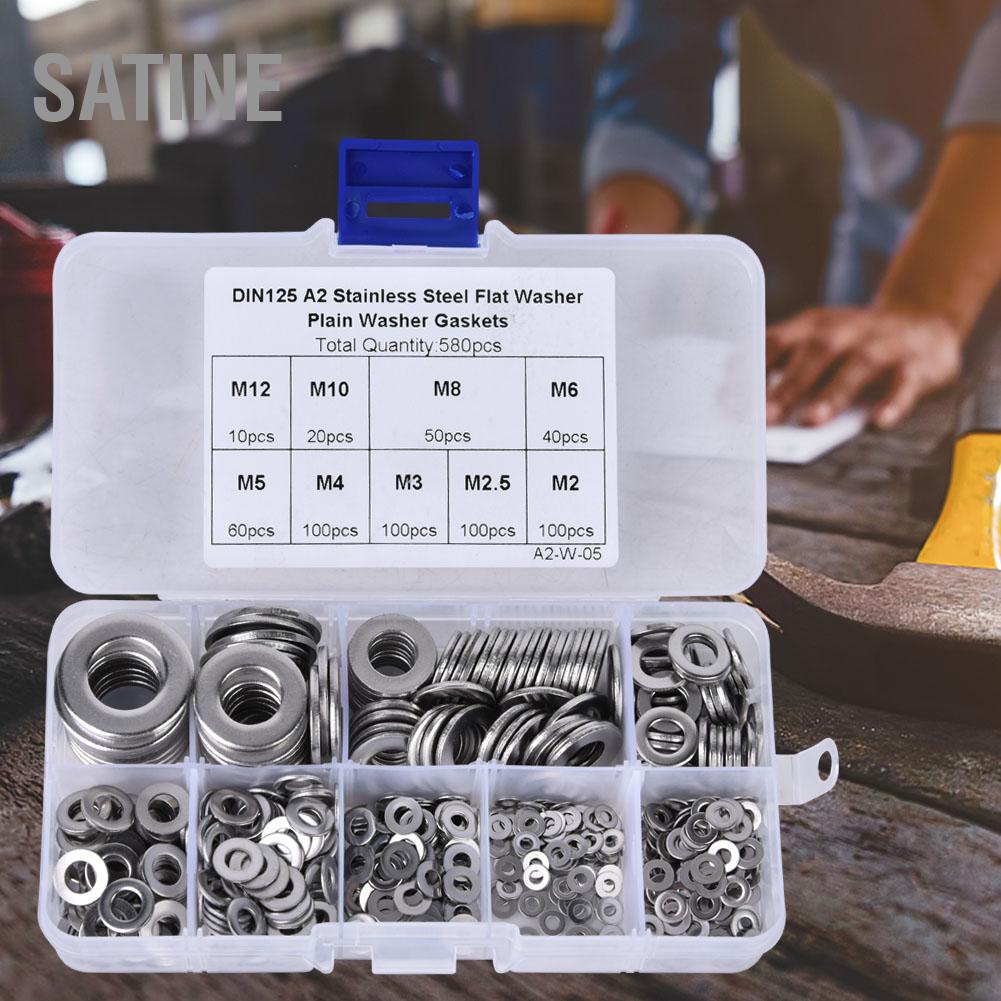 SaTine 580ชิ้นสแตนเลสเครื่องซักผ้าแบนจัดประเภทชุดM2 M2.5 M3 M4 M5 M6 M8 ...