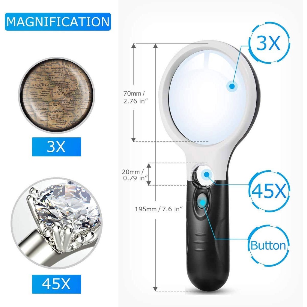 แว่นขยาย Magnifier 3 LED Light, 3X 45X Handheld Magnifier Reading ...
