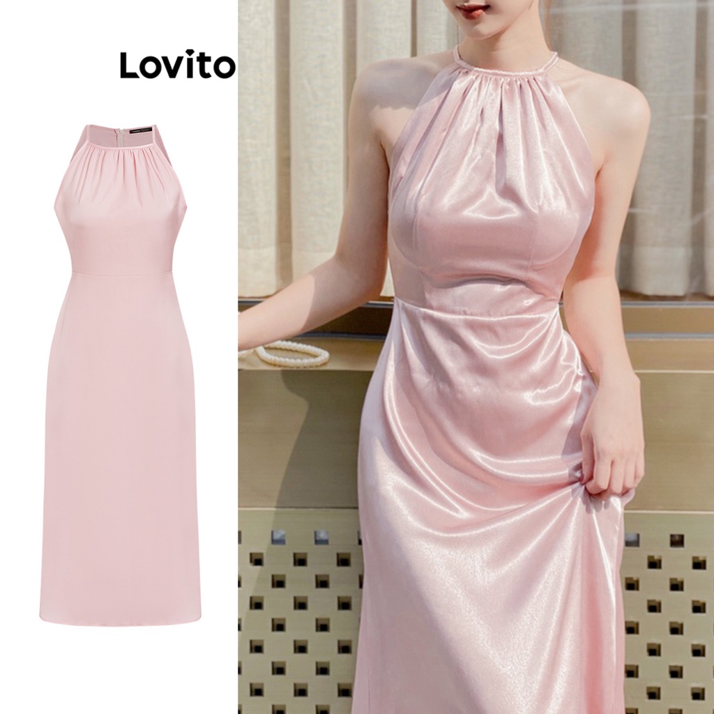 Lovito ชุดเดรสผู้หญิง แต่งจีบ สีพื้น สไตล์ลำลอง L67AD083 (สีชมพู ...
