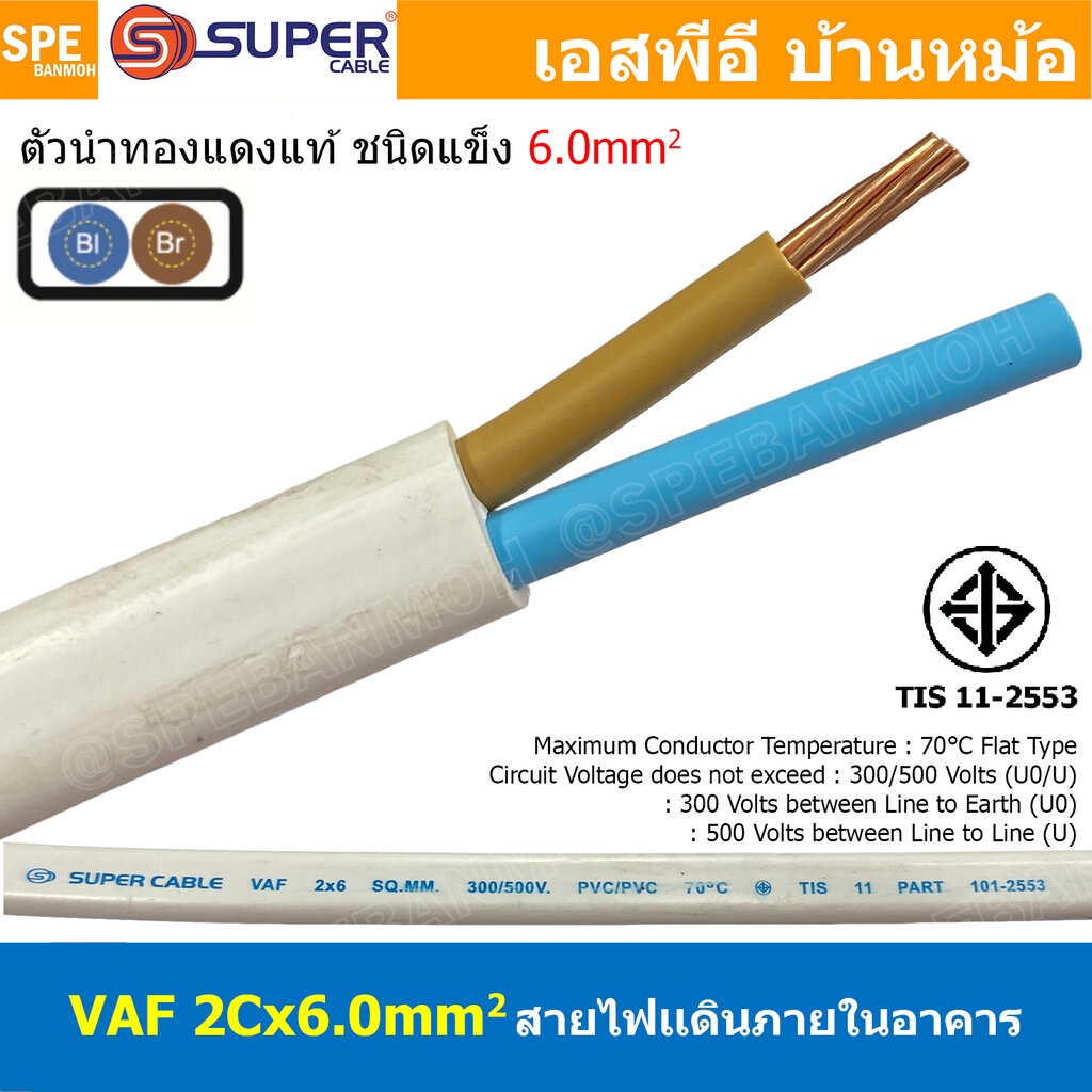 [ 1 เมตร ] สายไฟบ้าน VAF 2Cx6.0 sq.mm. ฉนวนสองชั้น ชนิดแกนเดี่ยว เดินไฟในบ้าน สายไฟแข็ง 3 แกน ...