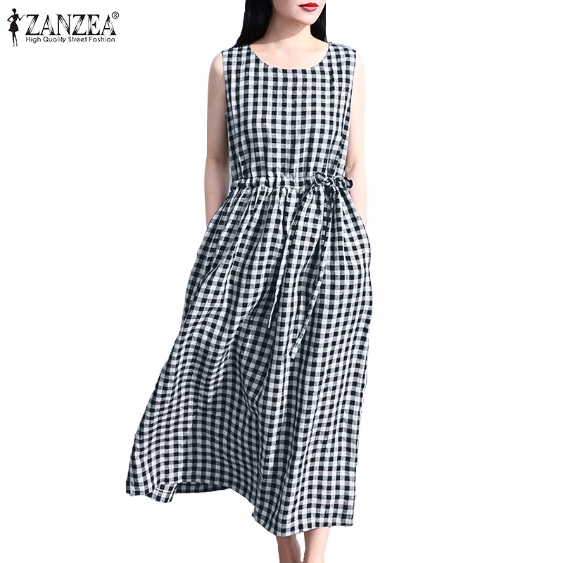 Zanzea ชุดเดรส คอกลม แขนกุด ลายสก๊อต สไตล์เกาหลี สําหรับผู้หญิง ...