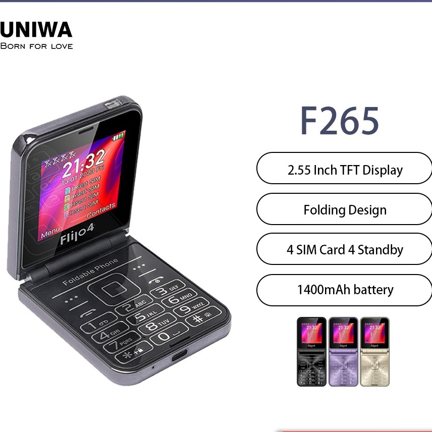 Uniwa F265 2G โทรศัพท์มือถือ ขนาดเล็ก หน้าจอคู่ 2.55 นิ้ว ซิมการ์ด 4 ซิม ปุ่มกด ขนาดใหญ่ พับได้ ...