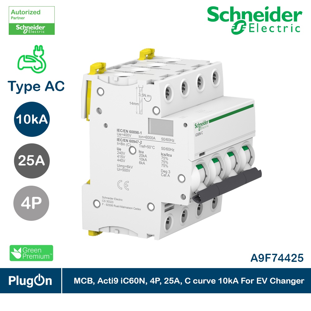 Schneider เบรกเกอร์ MCB, Acti9 iC60N, 4P, 25 A, C curve, 10 kA รหัส A9F74425 สั่งซื้อได้ที่ร้าน ...
