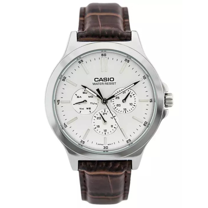[Time Cruze] Casio MTP-V300 Men Analog Brown Leather Strap Silver Dial ...