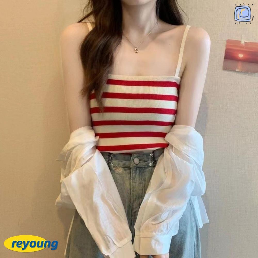 เสื้อกั๊กสาย REYOUNG เสื้อกั๊กแจ๊กเก็ตผ้าถัก แจ๊กเก็ตขายร้อน แขนกุดระบายอากาศ Streetwear Lady ...