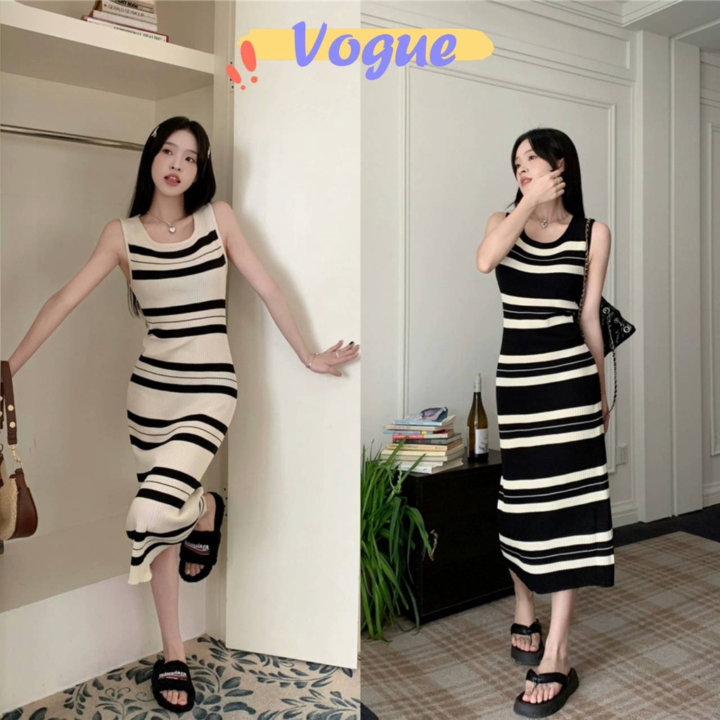 Vogue🌟พร้อมส่ง🌟 ชุดเดรสไหมพรม ดีเทลลายทางใหญ่ใส่สบาย (12375) -C ...