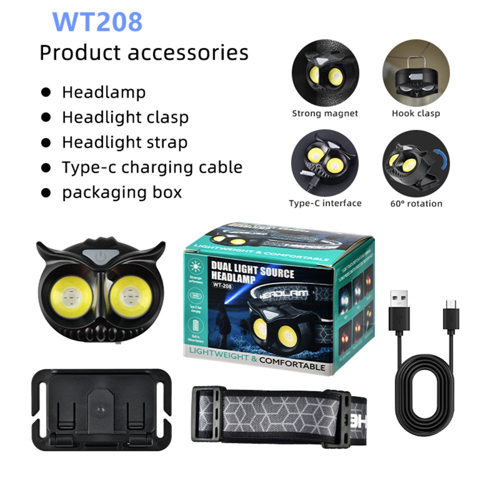 ไฟหน้า LED COB พลังงานสูง แบตเตอรี่ในตัว แม่เหล็กดูดซึม เหนี่ยวนํา ขนาดเล็ก สร้างสรรค์ นกฮูก ไฟ ...