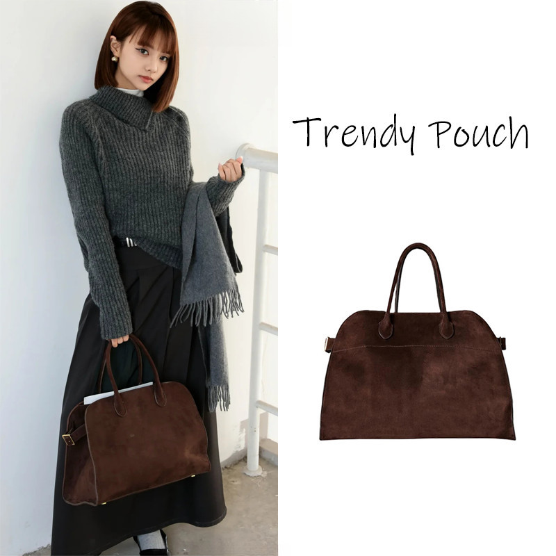 TRENDY POUCH Suede bag หนังกลับ กระเป๋าถือ ขนาดใหญ่ สีน้ำตาล ย้อนยุค ...