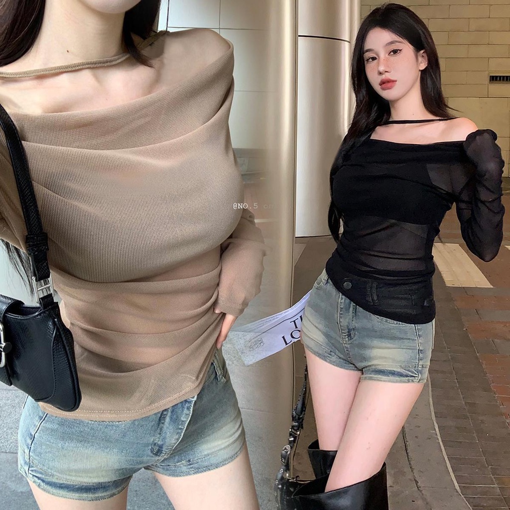 mimi&did เสื้อแขนยาว เซ็กซี่ เสื้อปาดไหล่ แฟชั่น สไตล์บาง ชีฟองผ้า ย้อนยุค สไตล์เกาหลี สำหรับ ...