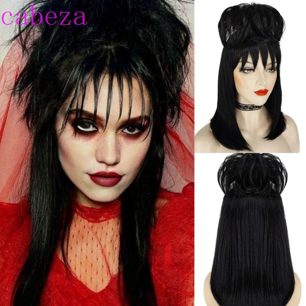 Cabeza ผมตรงยาวกับ Buns, ฮาโลวีนสีดํา Lydia Deetz คอสเพลย์วิกผม, Stage ...