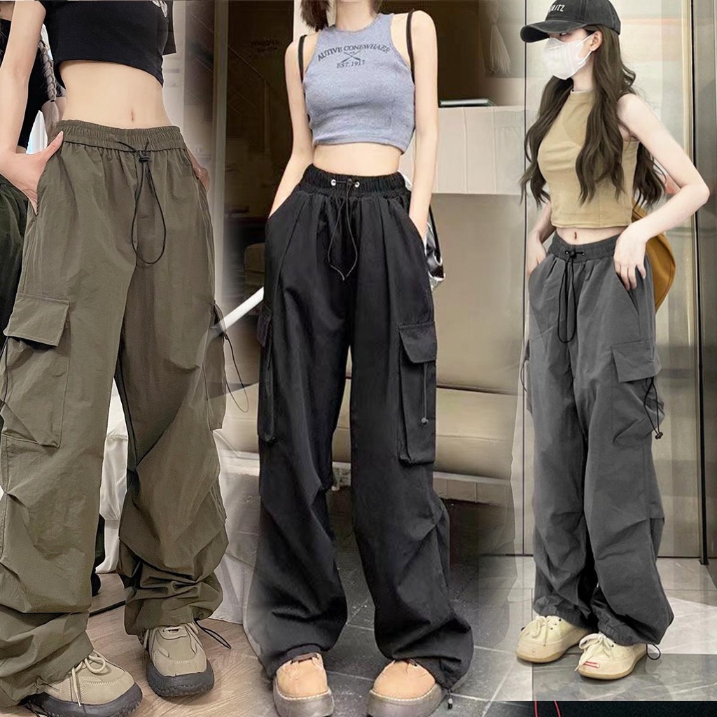 mimi&didi กางเกงคาร์โก กางเกงขายาวเอวสูงผู้หญิง เอวสม๊อค ย้อนยุค หลวม ทรงกระบอกเล็ก กระเป๋าข้าง ...