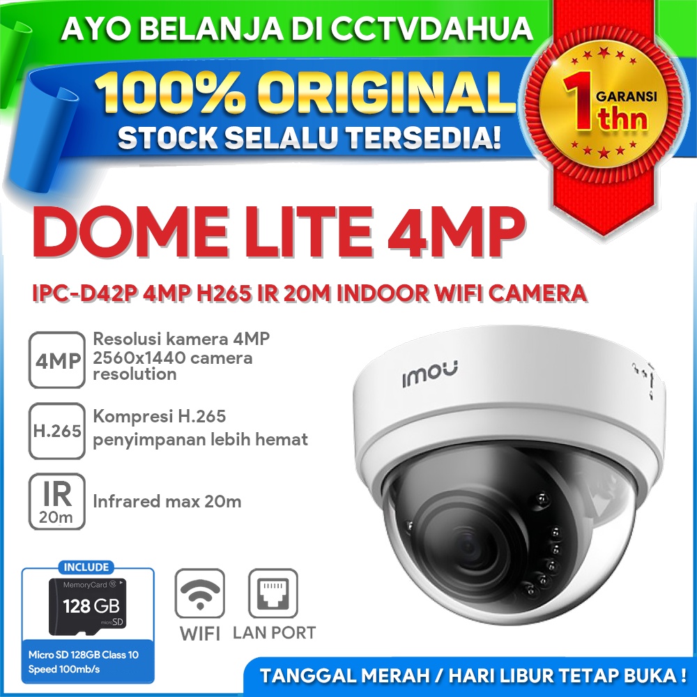 Imou โดมไลต์ 4MP IPC-D42P 4MP H265 IR 20M กล้อง WIFI ภายใน ฟรีไมโคร SD 128GB | Shopee Thailand
