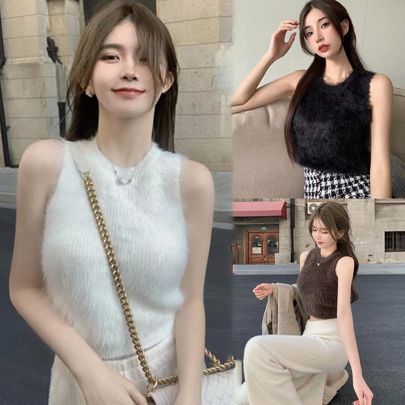 mimi&didi*พร้อมส่ง*เสื้อครอปสวย เสื้อกล้ามไหมพรมแขนกุดผู้หญิงเซ็กซี่ คอกลม แฟชั่นสไตล์เกาหลี ...