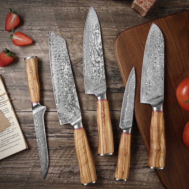 TJ POP Japanese VG10 Kitchen Knives Set 67 Layer Damascus Steel Olive ...