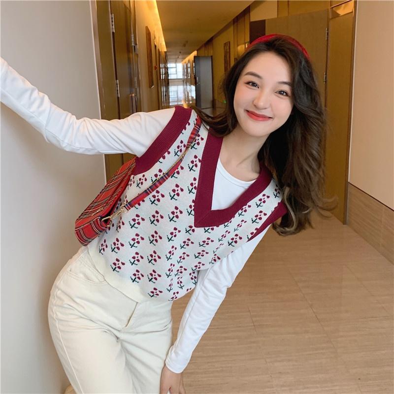 mimi&didi.เสื้อกั๊กไหมพรมกล้ามผ้าถักแจ็คการ์ดคอวีย้อนยุคสีสดขนาดเล็ก+เสื้อท่อนล่างคอเต่าครึ่งตัว ...