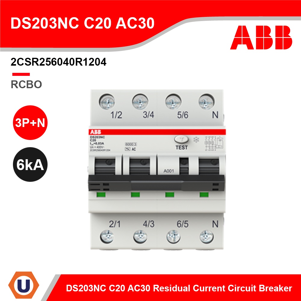ABB อุปกรณ์ป้องกันไฟรั่วไฟดูด (RCBO) และกระแสไฟเกิน, 3P+N, 30mA, 20A ...