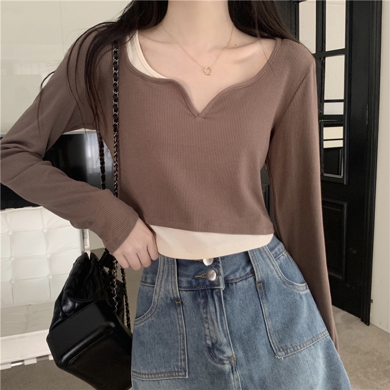 【WANG JIAO ZHAN】 เสื้อยืดแขนยาว คอวี และแขนสั้นได้รับการออกแบบมาอย่างดี ...