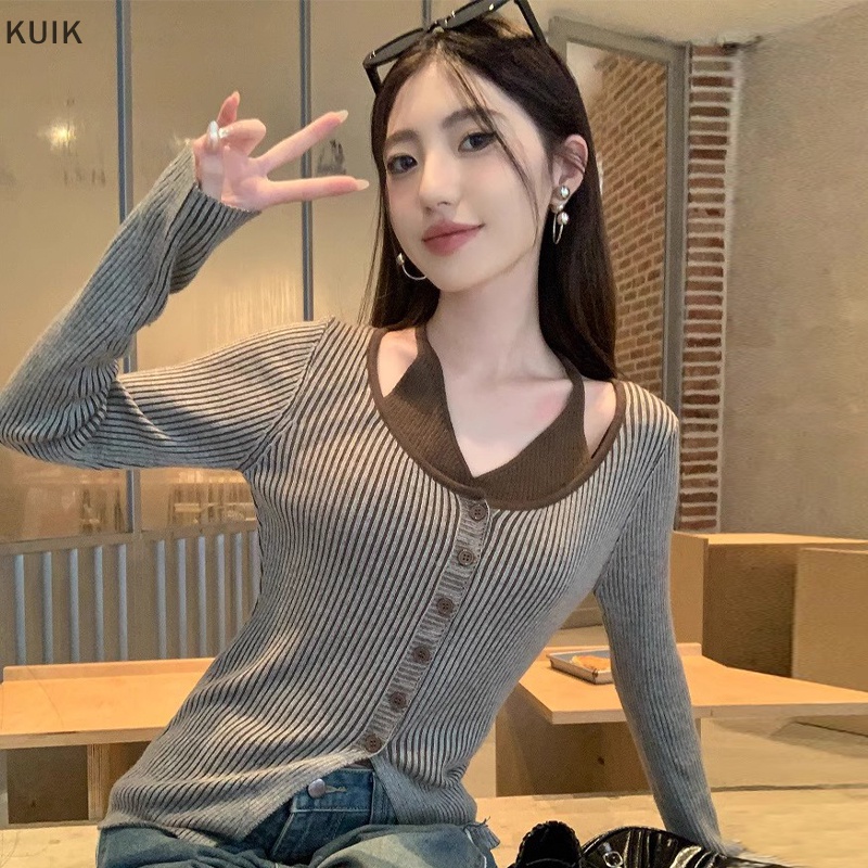 Kuik เสื้อกันหนาว จัมเปอร์ กระดุมแถวเดียว ผ้าถัก สองชิ้น สําหรับผู้หญิง ik | Shopee Thailand