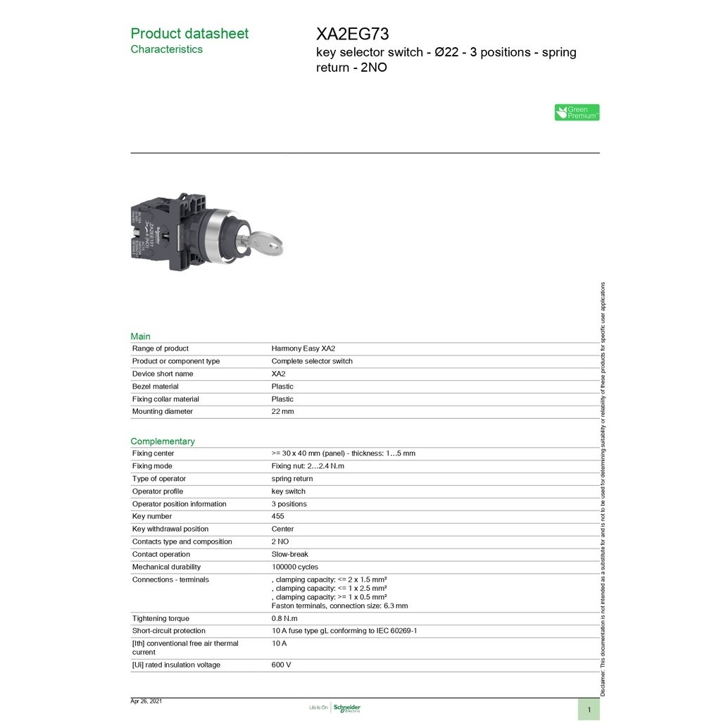 Schneider XA2EG73 สวิตซ์กุญแจ ปิดเด้งกลับตำแหน่งตรงกลาง 2NO แบบพลาสติก ...