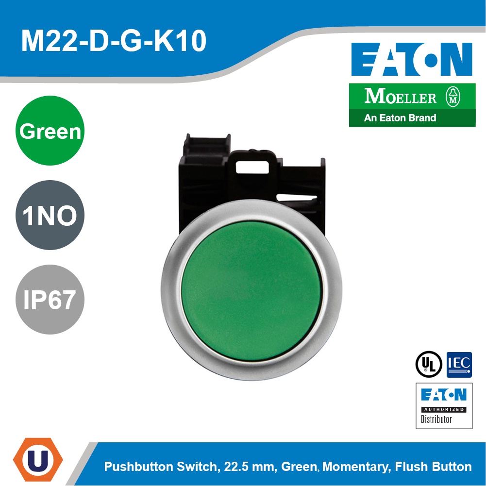 Eaton M22 modular pushbutton, 22.5 mm RMQ-Titan Pushbutton,Green Actuator, l M22-D-G-K10 ...
