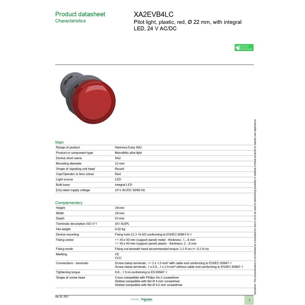 Schneider Electric - Pilot Lamp ขนาด 22 mm , สีแดง , 24 V AC/DC ...