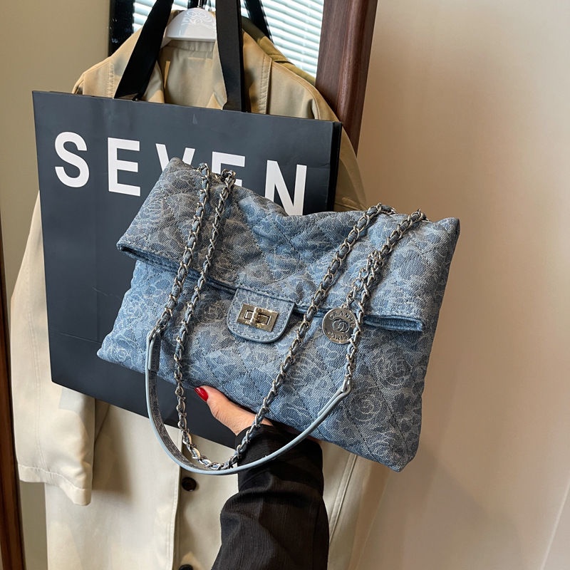 กระเป๋าสะพายไหล่ลําลอง ผ้ายีน ทรงโท้ท ขนาดใหญ่ จุของได้เยอะ แฟชั่น ...