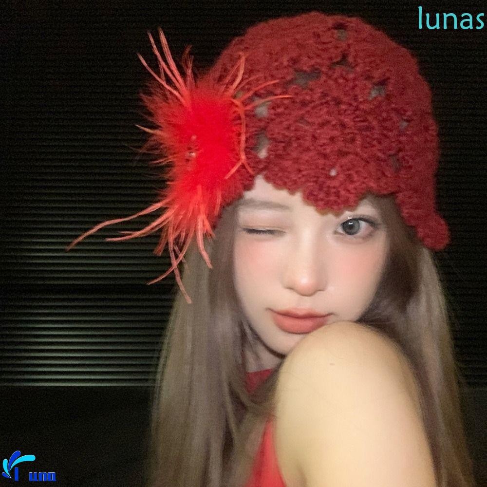 Lunasol Hollow ถัก Beanies หมวก, Bohemian Feather เกาหลีโครเชต์หมวก ...