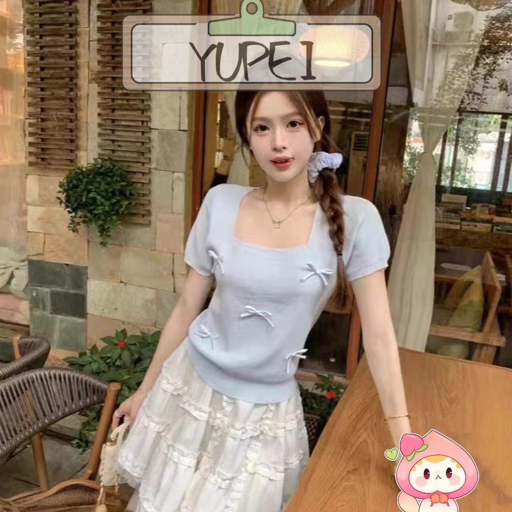 Yupei Bowknot T เสื้อ, สีทึบแขนสั้นผู้หญิง, แฟชั่นอารมณ์เครื่องเทศสาวบัลเล่ต์หวานเผ็ดด้านบน ...