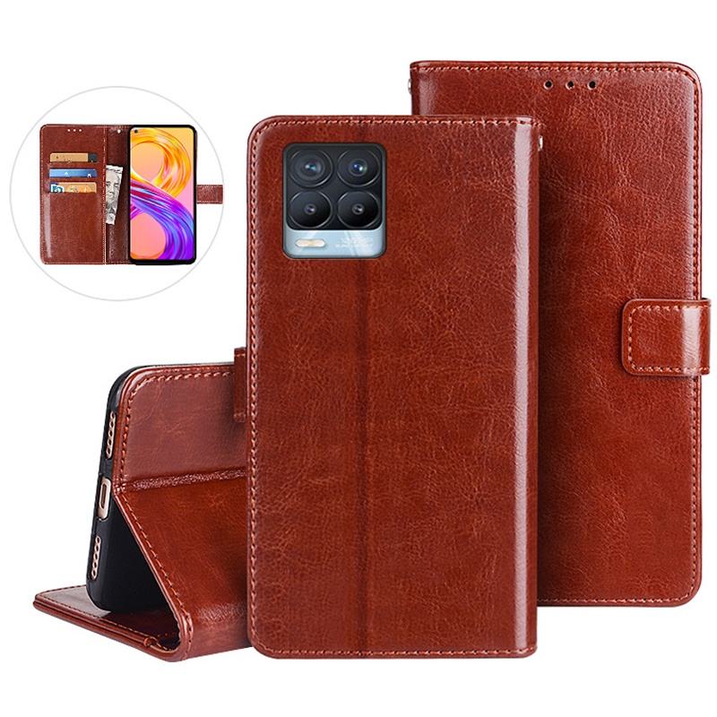 เคสหนังวัวแท้ ฝาพับ พร้อมช่องใส่บัตร ขาตั้ง สําหรับ Realme 8 8pro 4G ...