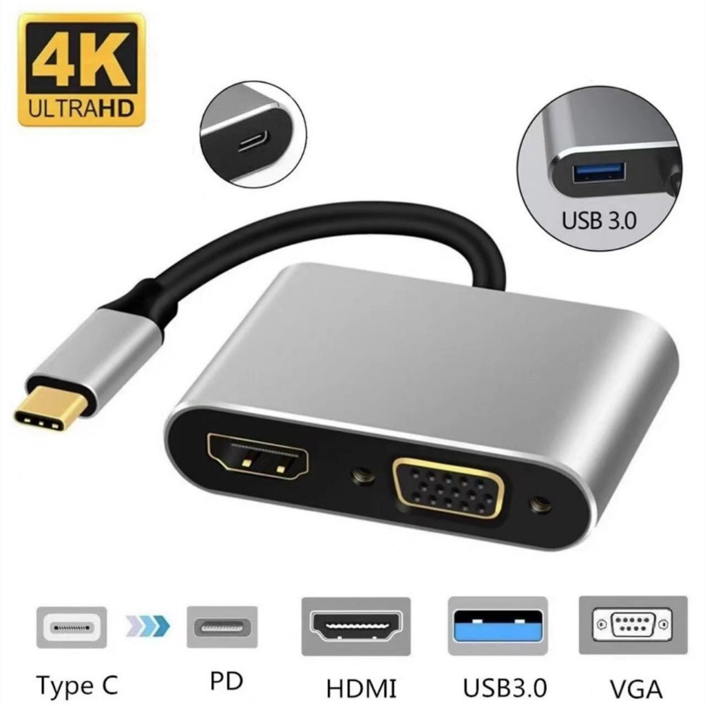 อะแดปเตอร์ฮับ USB C เป็น HDMI VGA typeC OTG 4 in 1 4K HDMI และ PD ชาร์จ ...