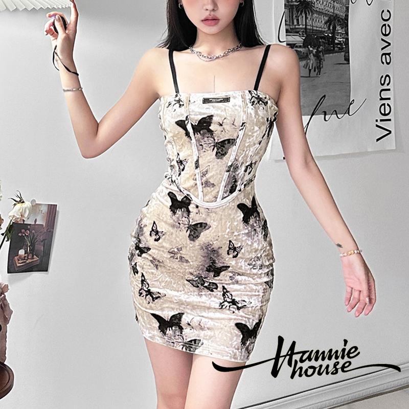 Hannie- ชุดมินิเดรส แขนกุด คอสี่เหลี่ยม พิมพ์ลายผีเสื้อ สีตัดกัน ...