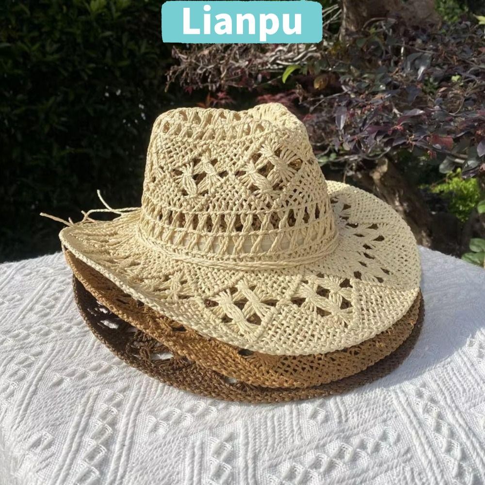หมวกกันแดดชายหาด LIANPU, หมวกคาวบอยฟางระบายอากาศ, ทอมือวินเทจพับได้กลวง ...
