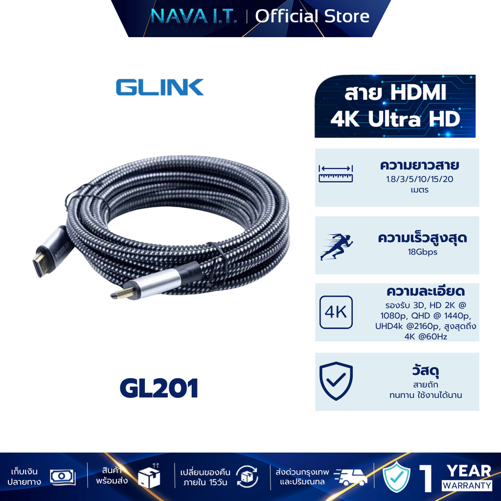 GLINK GL-201 GL201 CABLE HDMI 4K (V.2.0) M/M ขนาด 1.8/3/5/10/15/20 เมตร ...