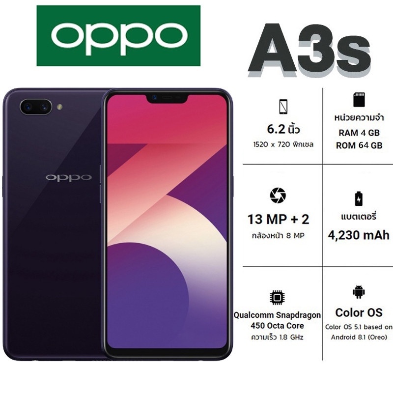 ออปโป้ A3s เครื่องแท้ 100% Ram 4GB Rom 64GB จอ 6.2 นิ้ว รับรอง 4G 2 Sim รับประกันร้าน 12 เดือน ...
