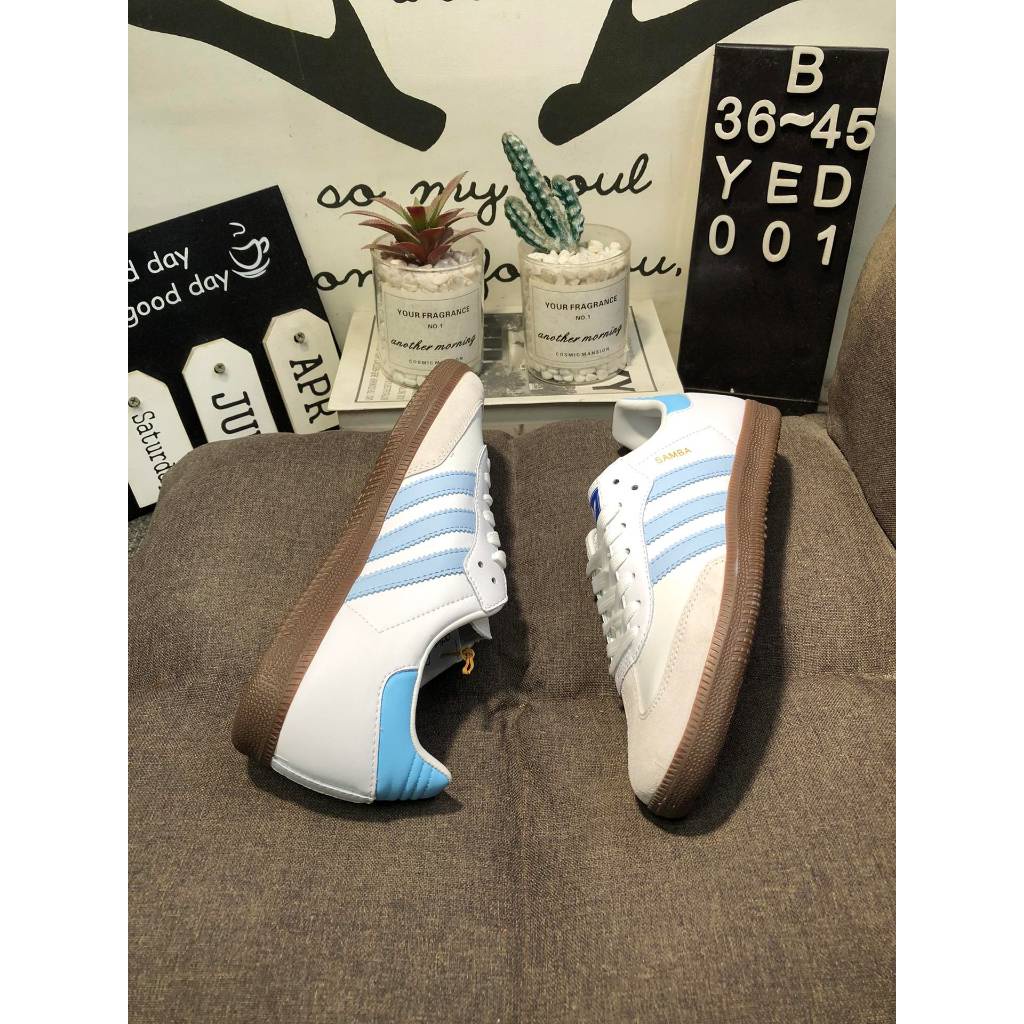genuine Adidas SAMBA OG White Blue Black รองเท้าสเก็ตบอร์ดแฟชั่นแบน ...