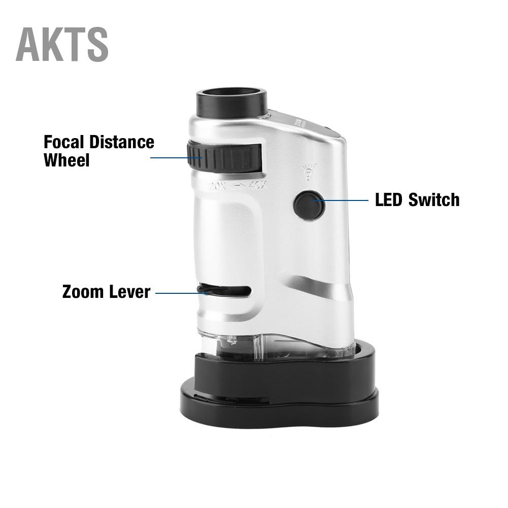 AKTS กล้องจุลทรรศน์พ็อกเก็ตขนาดเล็กแบบมีไฟ LED ซูม 20X-40X พร้อมฐาน ...