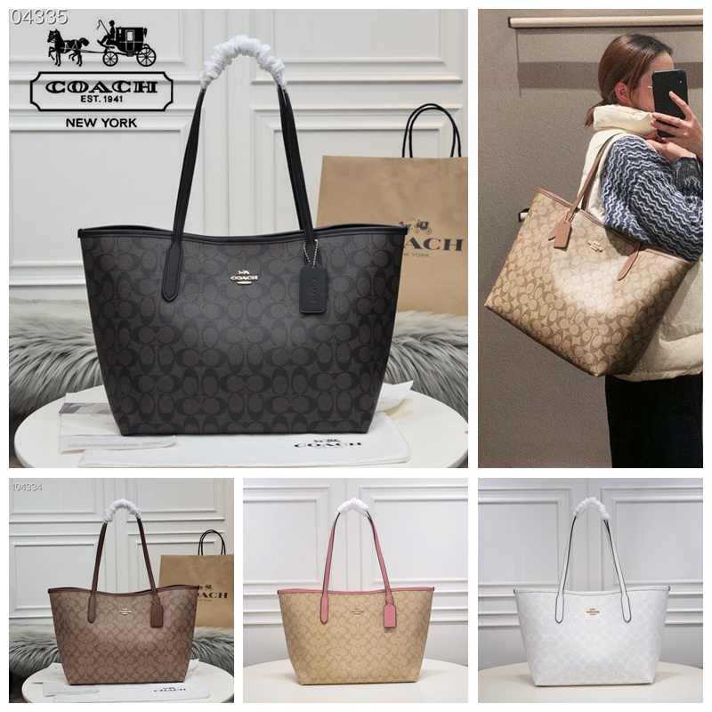City Tote In Signature Canvas C5696 พิมพ์คลาสสิก ผู้หญิง กระเป๋าสะพายข้าง Coac h กระเป๋าช้อปปิ้ง ...