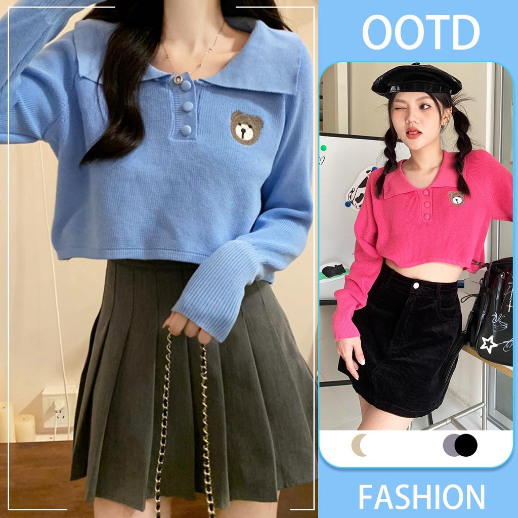 mimi&didi เสื้อไหมพรมแขนยาวสีชมพูหลวม เสื้อครอป Y2K คอปก POLO งานปักหมีสุดน่ารัก แฟชั่น สไตล์ ...